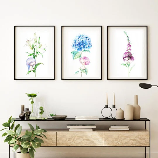 Kitchen Floral Illustration Art Prints Set- Flower Wall Art- Gouache W ...